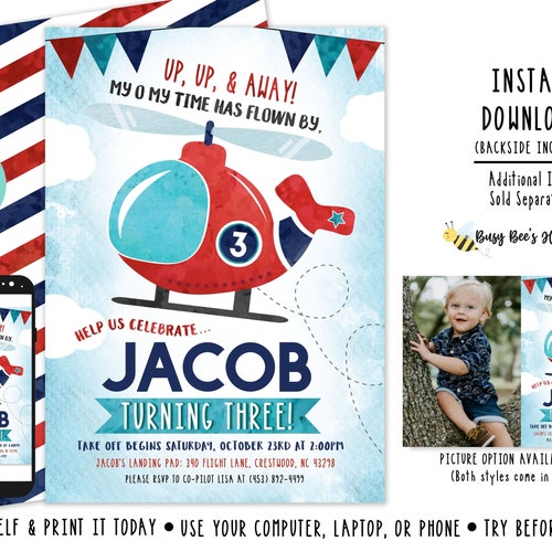 Helicopter Invitation Birthday Party Flying Invite INSTANT - Etsy