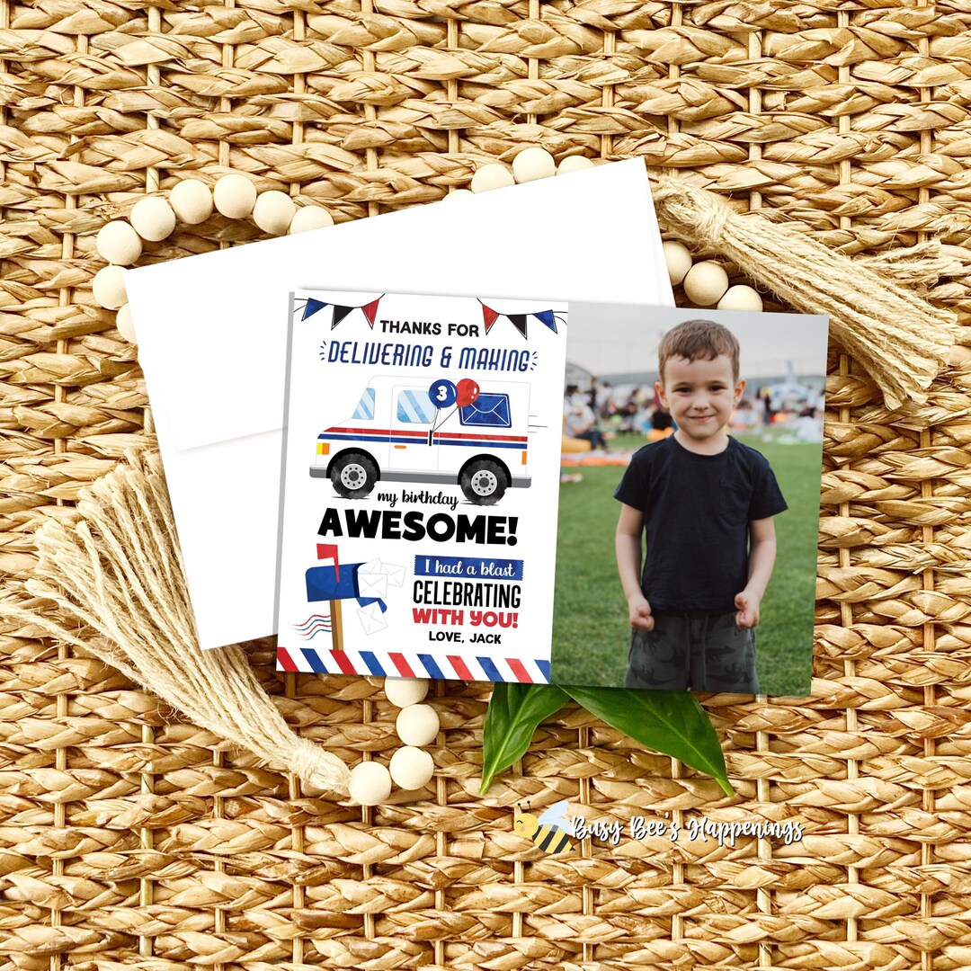 Editable Mail Truck Birthday Thank You Note, Mailman Thank You, Post ...