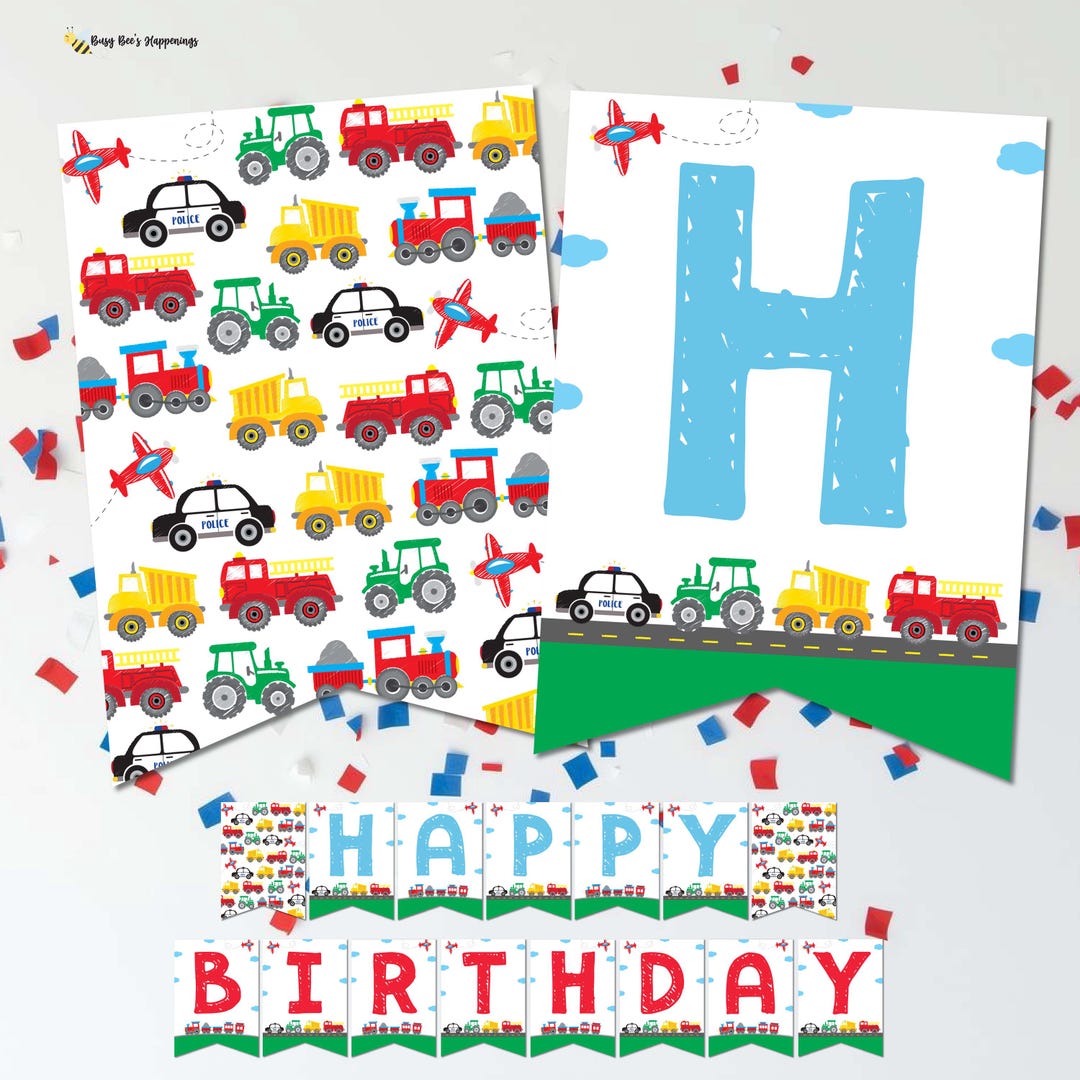 Transportation Happy Birthday Banner: Car Truck Theme Pennant Banner ...