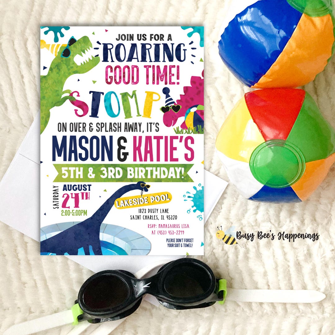 Dinosaur Pool Birthday Invitation, Editable T-rex Pool Birthday Invite ...