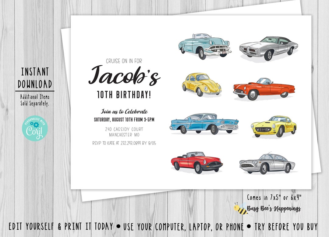 Vintage Cars Invitation Vintage Birthday Invite Old Cars Birthday ...