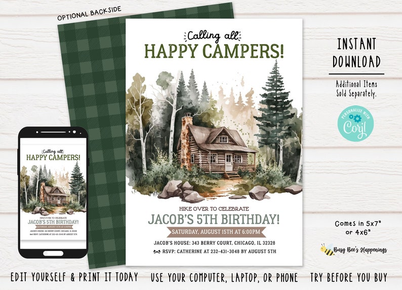 Camping Birthday Invitation Camp Out Printable Invite Cabin - Etsy