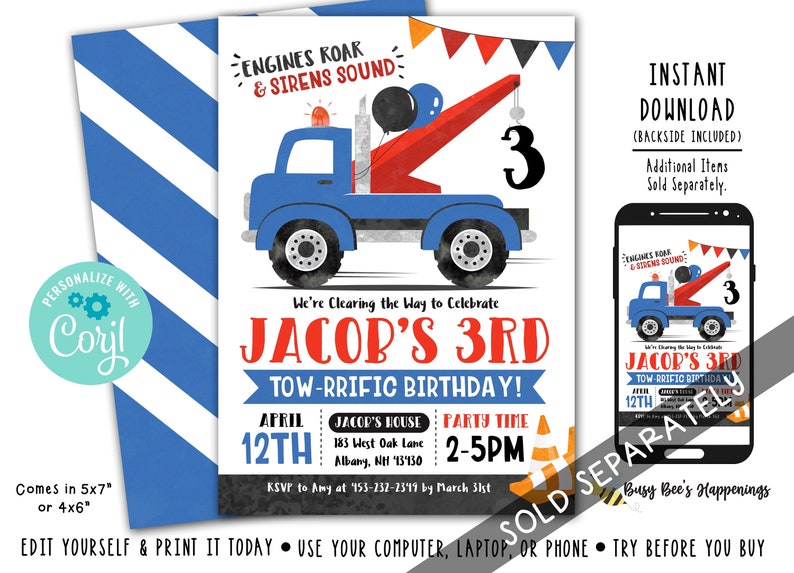 Tow Truck Birthday Invitation, Flames Design (digital) - Etsy