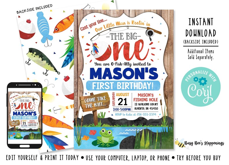 Fishing Birthday Invitation First Birthday Fishing Invite | Etsy