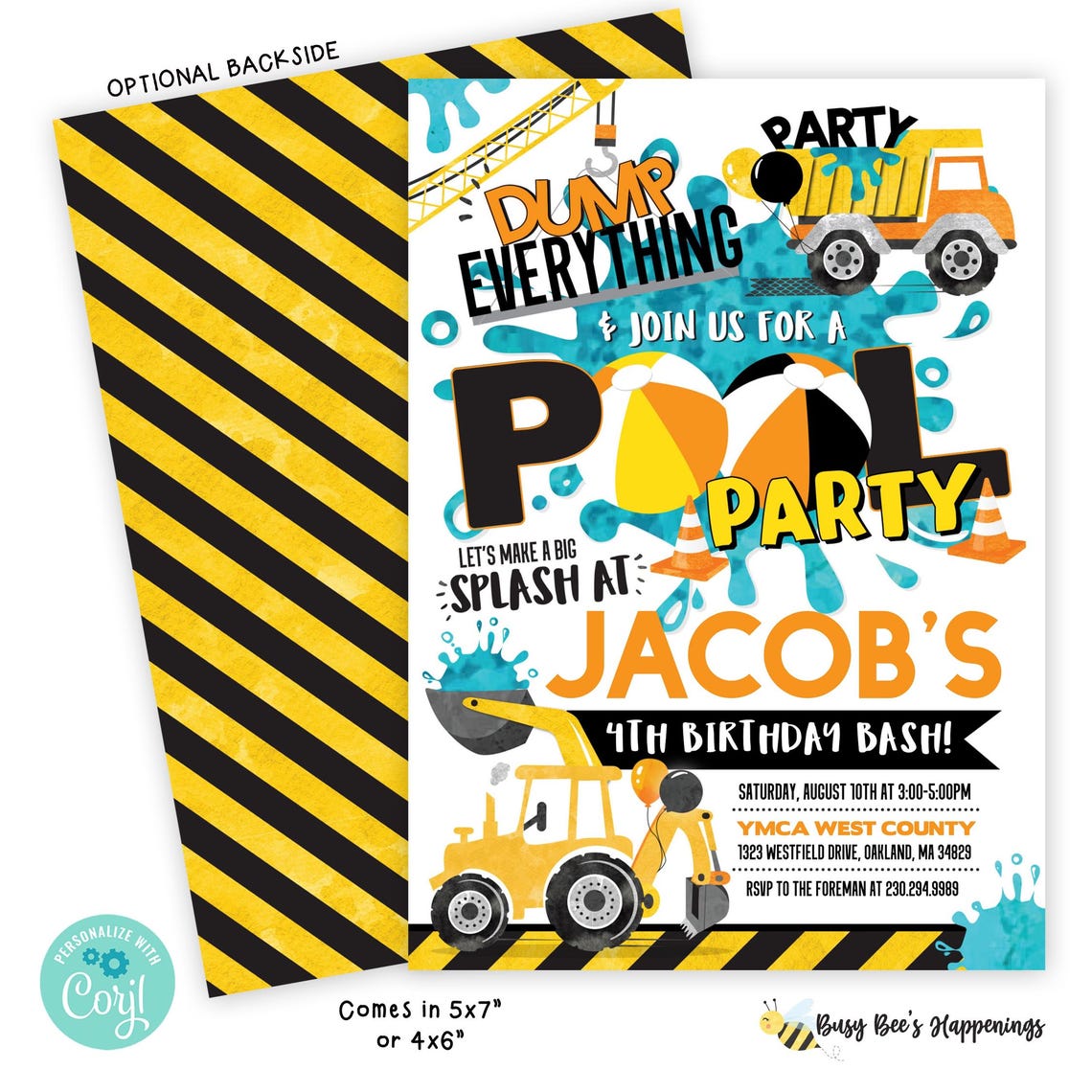 Construction Pool Party Invitation: Backhoe, Dump Truck (editable) - Etsy