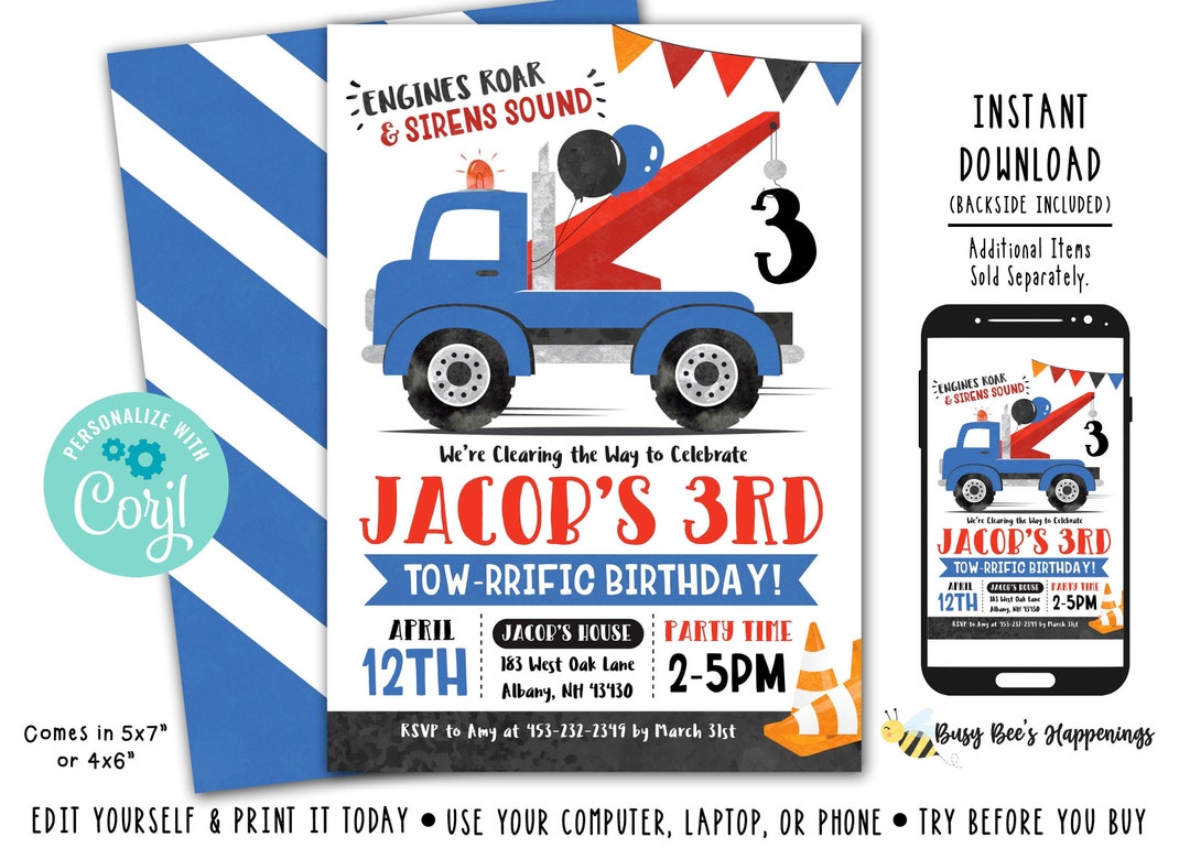 Tow Truck Birthday Invitation Tow Truck Invite Truck Birthday ...