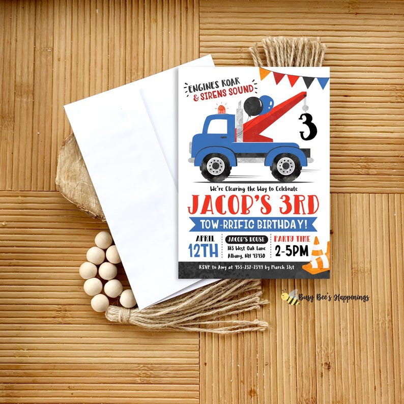 Tow Truck Birthday Invitation: Printable Boys Party (5x7 or 4x6 ...