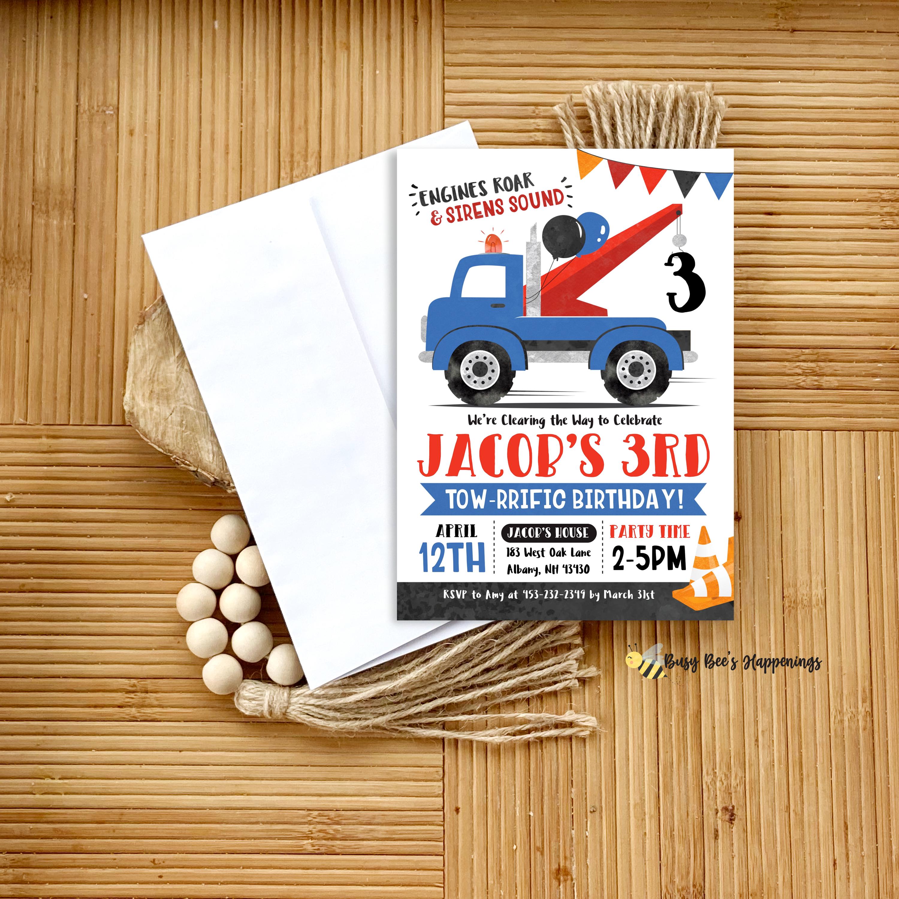 Tow Truck Birthday Invitation: Printable Boys Party (5x7 or 4x6 ...