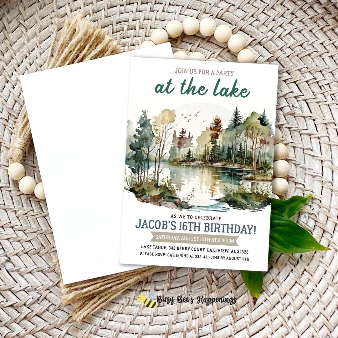 Lake Watercolor Birthday Invitation, Editable Lake Birthday Invitation ...