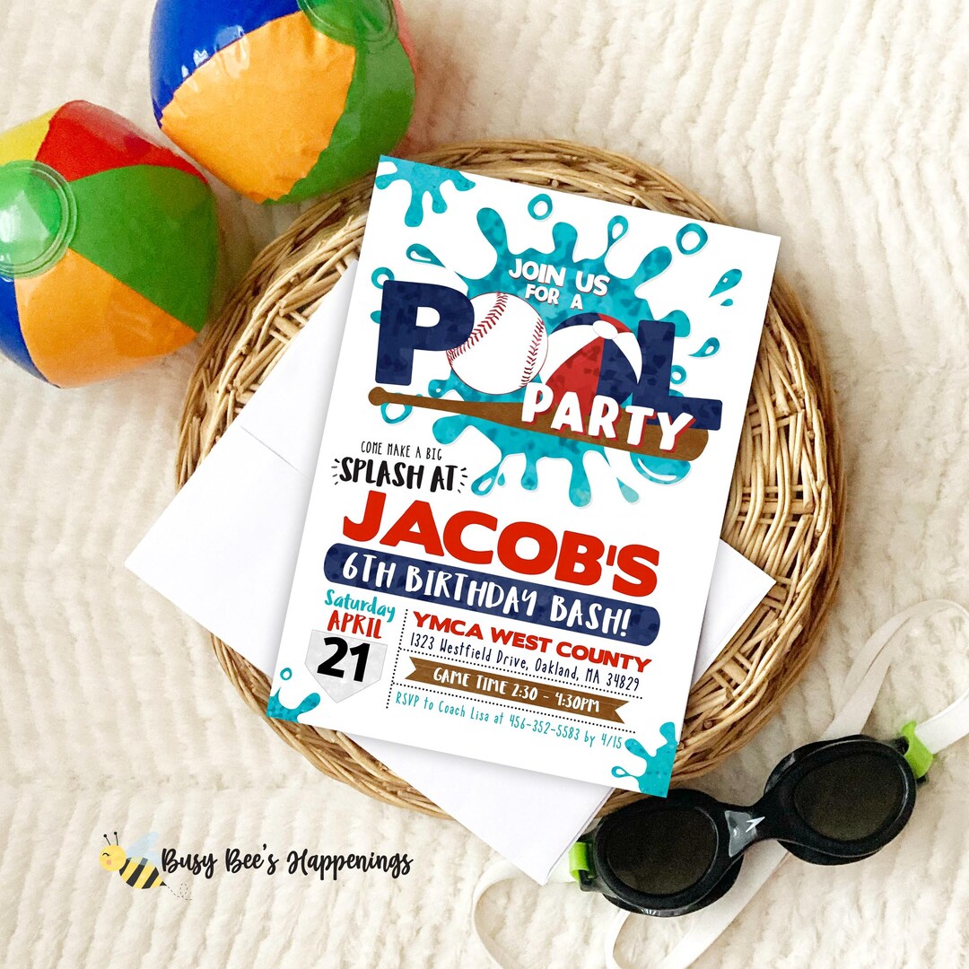 Baseball Birthday Invitation, Summer Outdoor Baseball Editable Pool ...