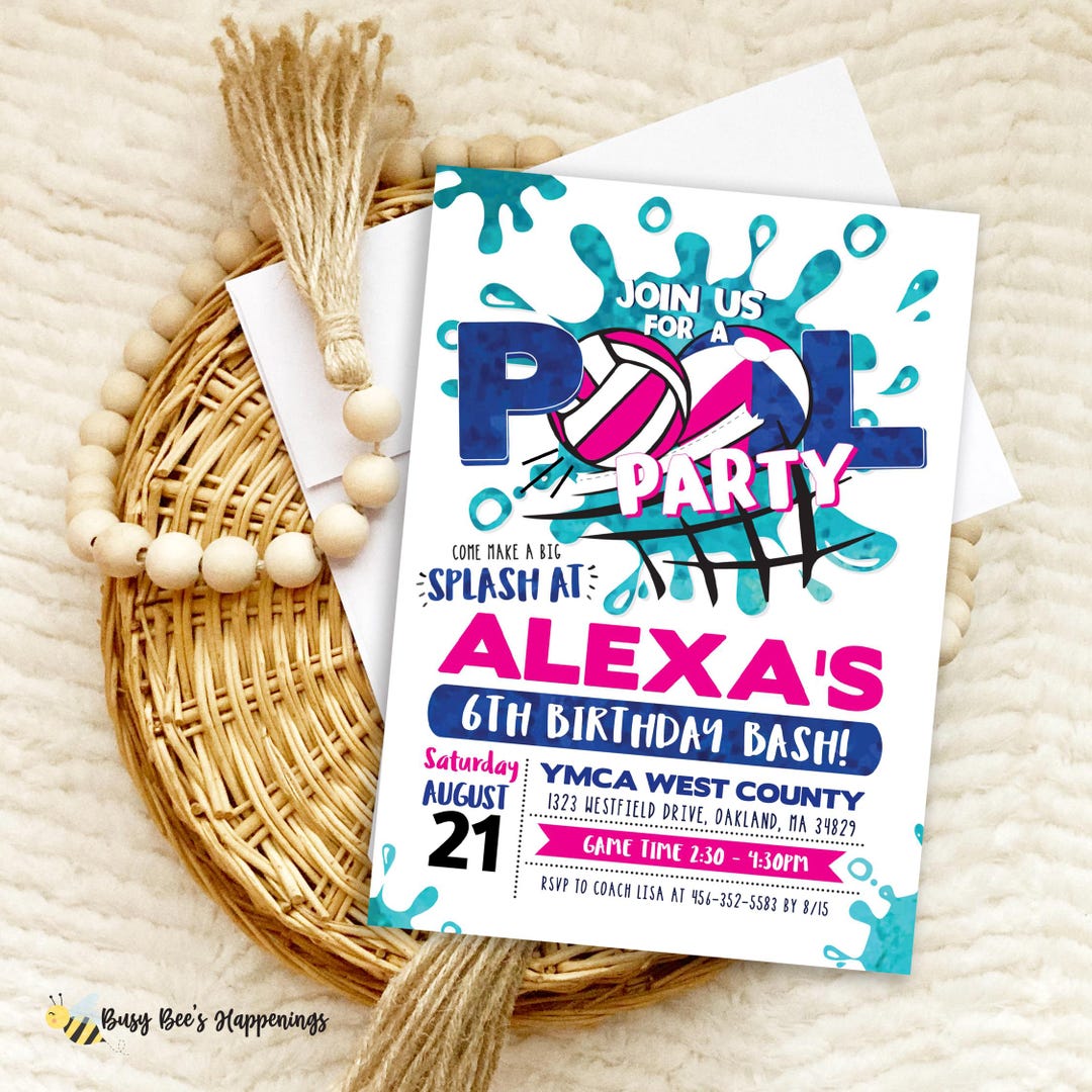 Volleyball Pool Birthday Party Invitation, Pink Editable Water ...