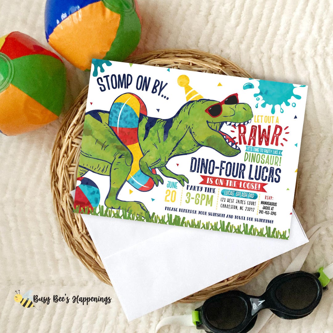 Dino Four Pool Birthday Invitation, Editable Water Dinosaur Invite, T ...