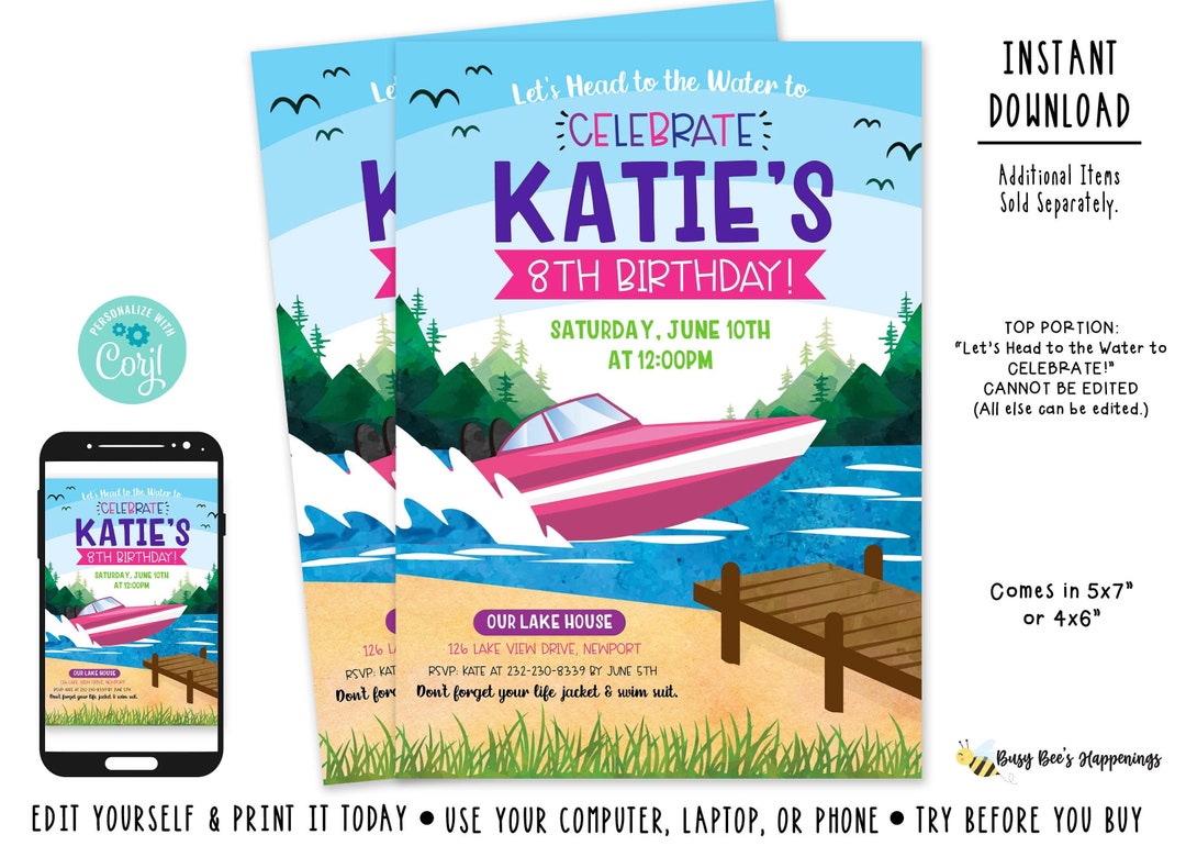 Girl Boat Birthday Invitation Boat Birthday Lake Birthday Invitation ...