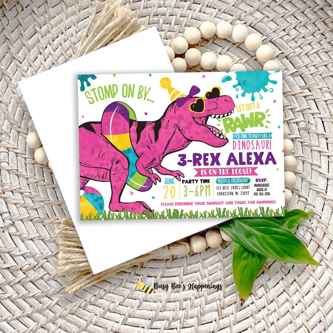 Editable Girl Three Rex Dinosaur Pool Birthday Invitation, Girl Pink T ...