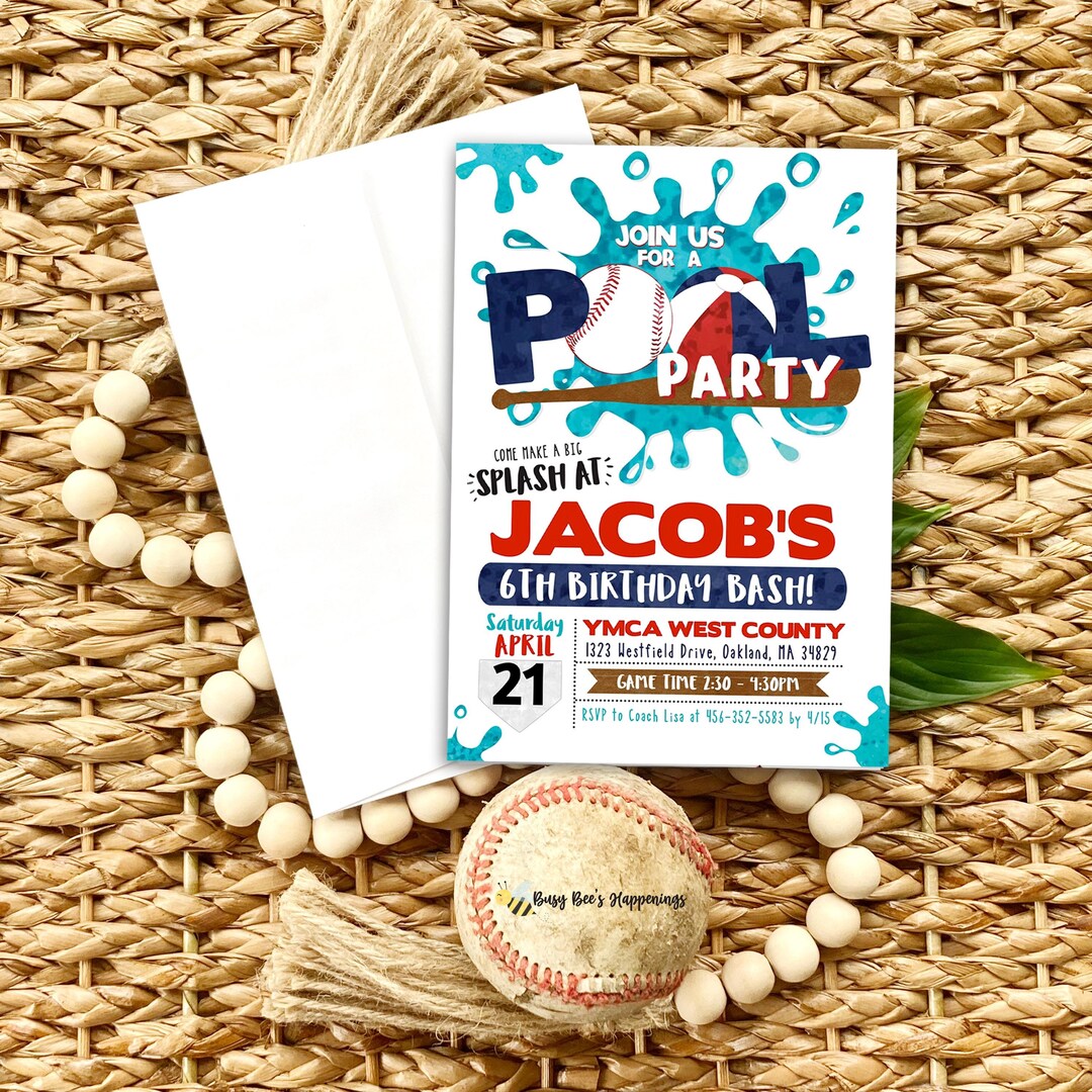 Baseball Birthday Invitation, Summer Outdoor Baseball Editable Pool ...