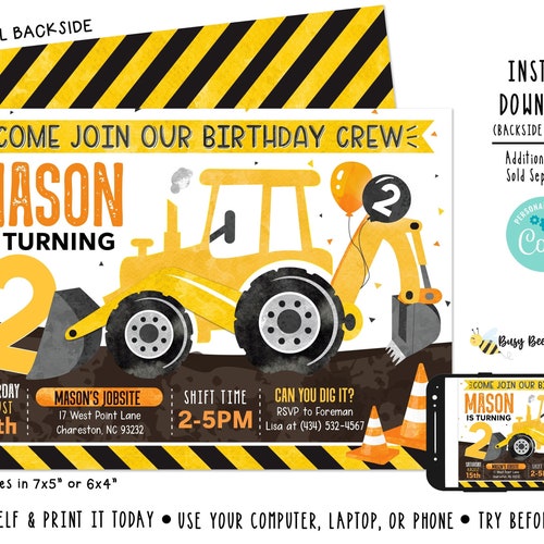 Construction Birthday Invitation Backhoe Construction Invite - Etsy