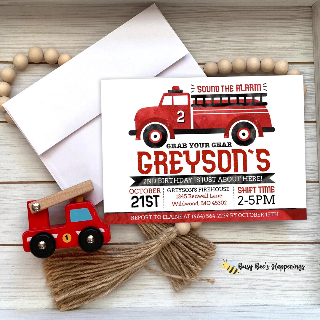 Fire Engine Birthday Invitation, Editable Firetruck Birthday Invite ...