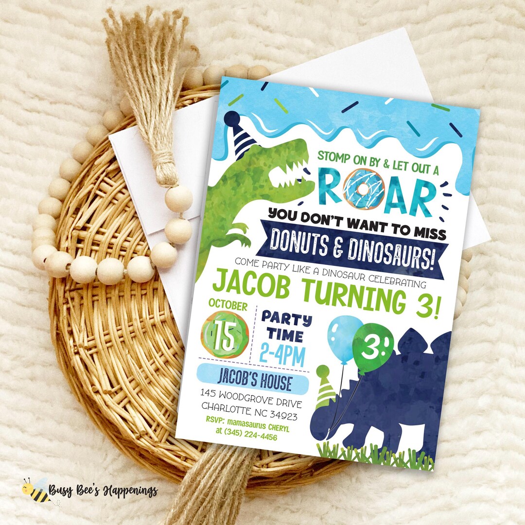 Dinosaur and Donuts Birthday Invitation, Editable Donuts and Dinosaur ...