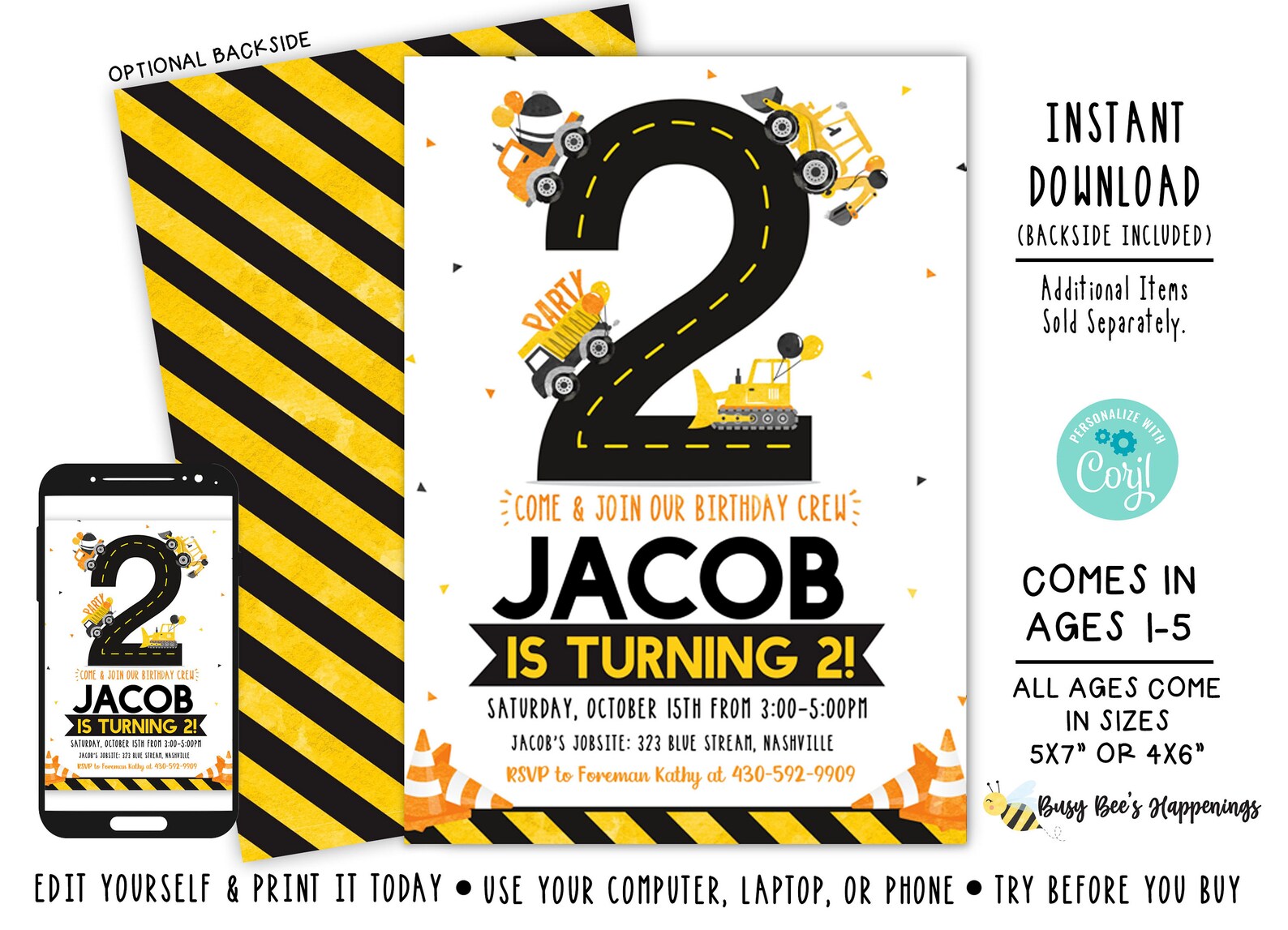 Construction Birthday Invitation Backhoe Construction Invite - Etsy