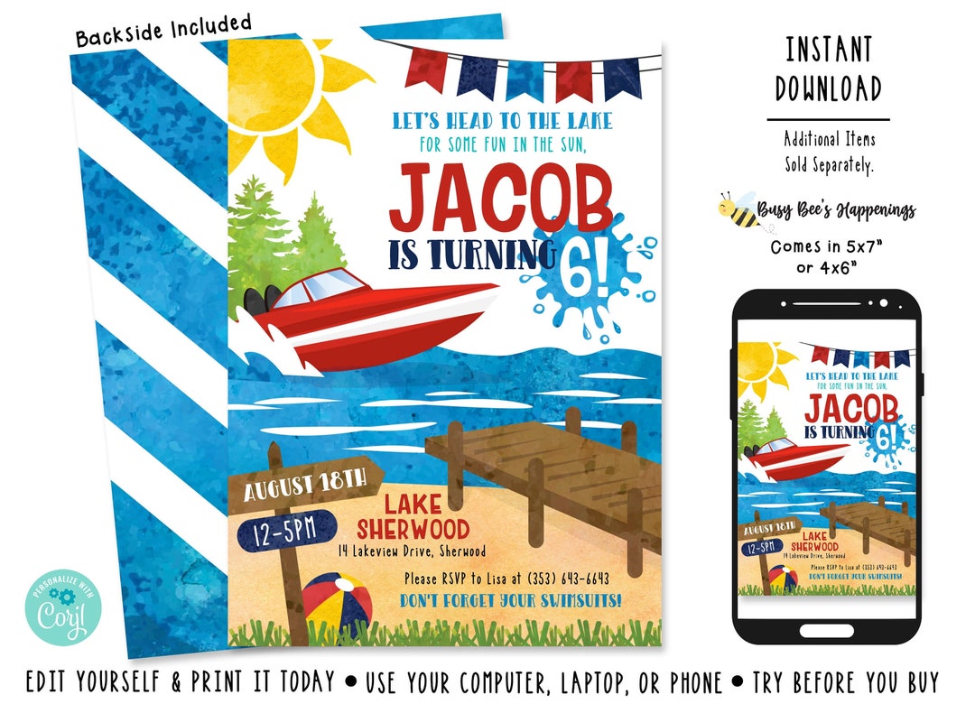 Boat Birthday Invitation Speed Boat Birthday Lake Birthday Invitation ...