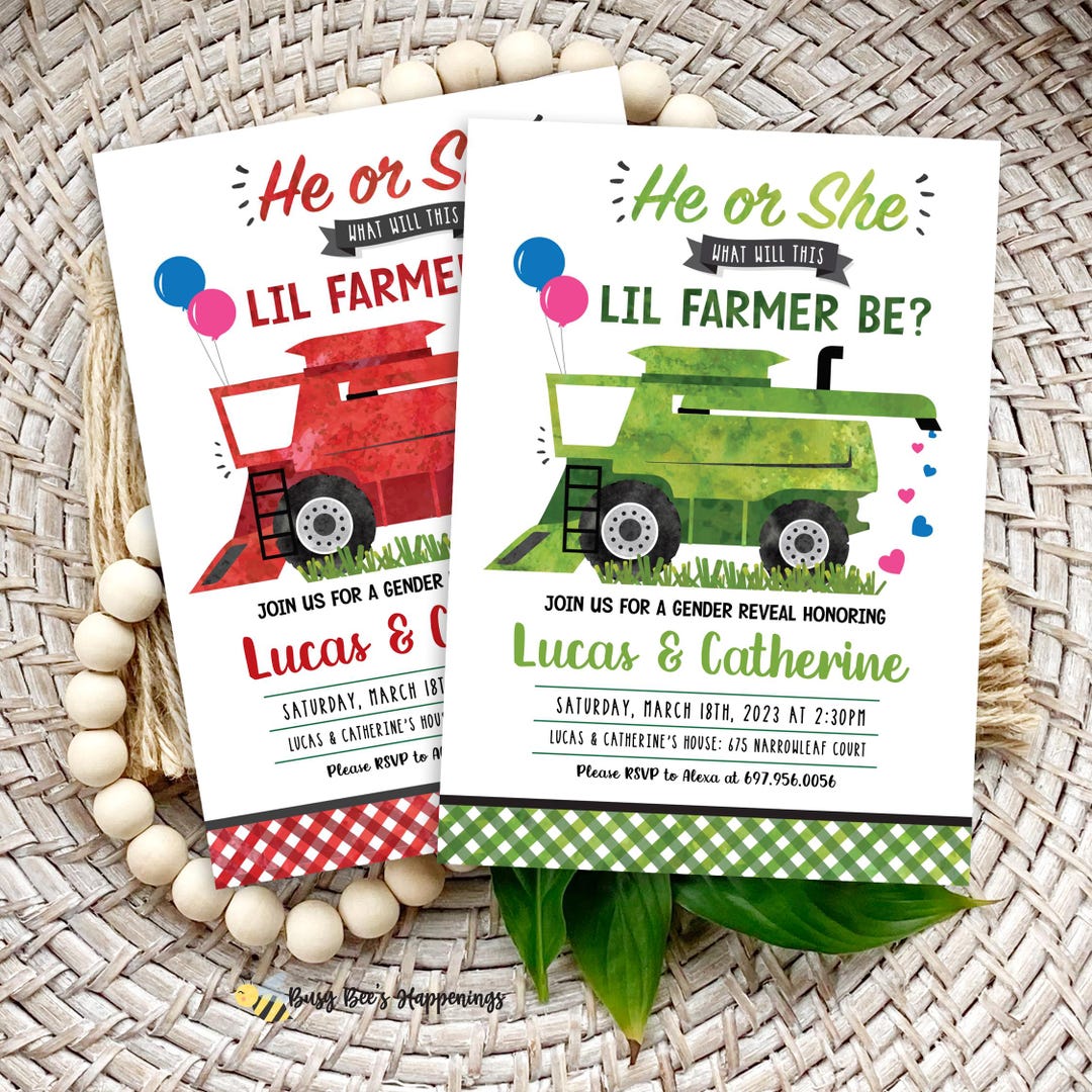 Farm Gender Reveal Invitation: Tractor Red or Green Combine (editable ...