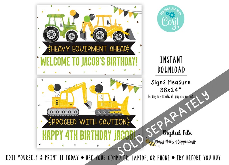 Tractor Backhoe Birthday Invitation: Construction Theme (digital ...