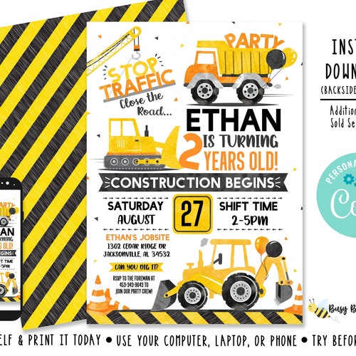 Construction Birthday Invitation Backhoe Construction Invite - Etsy