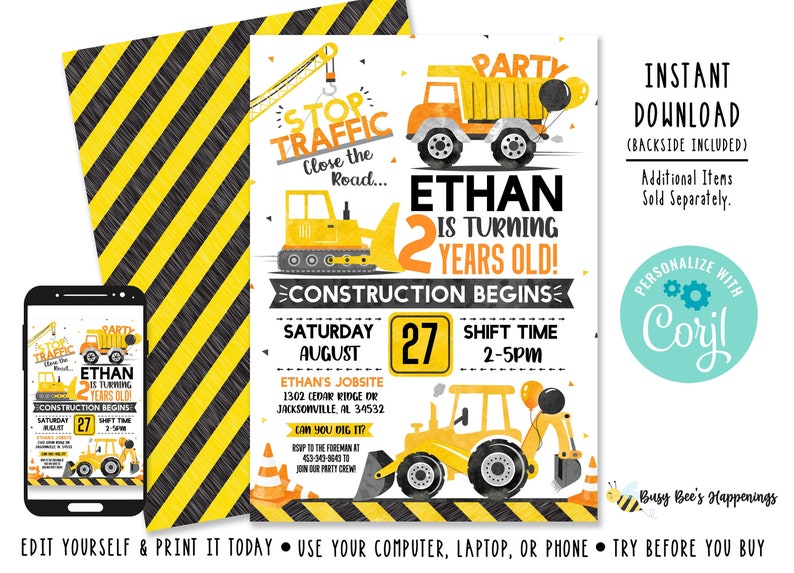 Construction Birthday Invitation Backhoe Construction Invite - Etsy