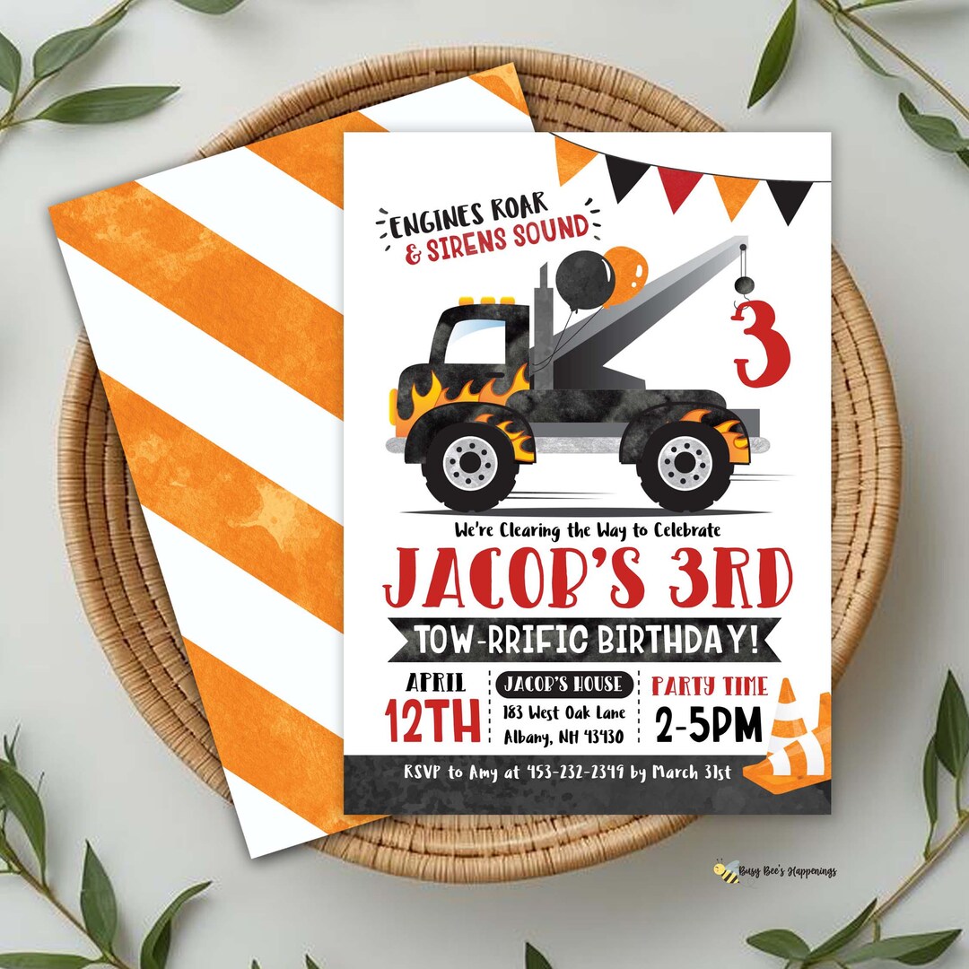 Tow Truck Birthday Invitation: Transportation Party Invite (digital ...