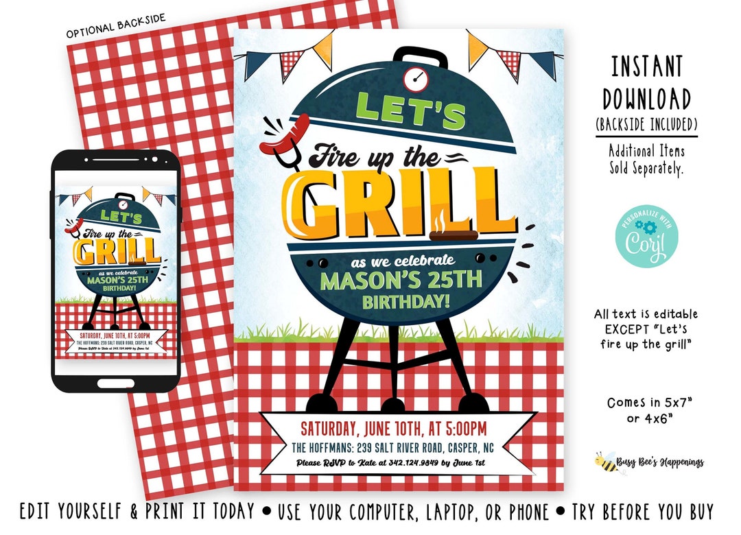 Grill Invite Grill Party Invitation Grill Birthday Party BBQ Birthday ...