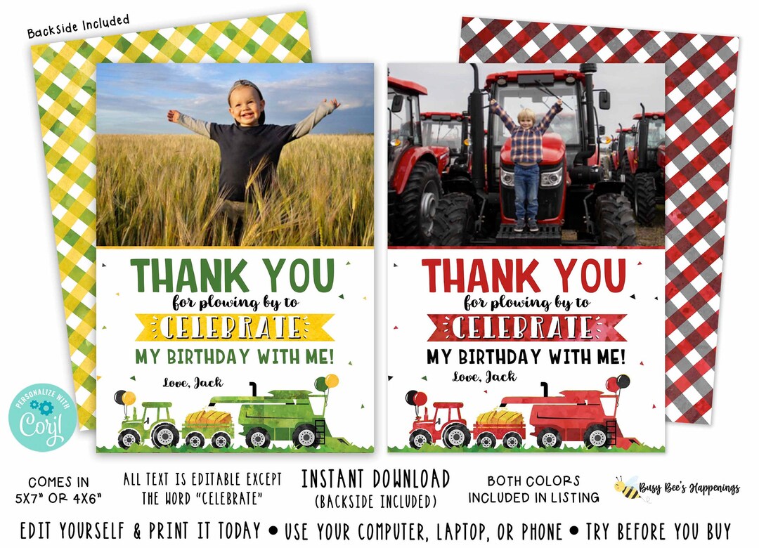 Tractor Birthday Photo Thank You Card With Photo (digital File) Harvest ...