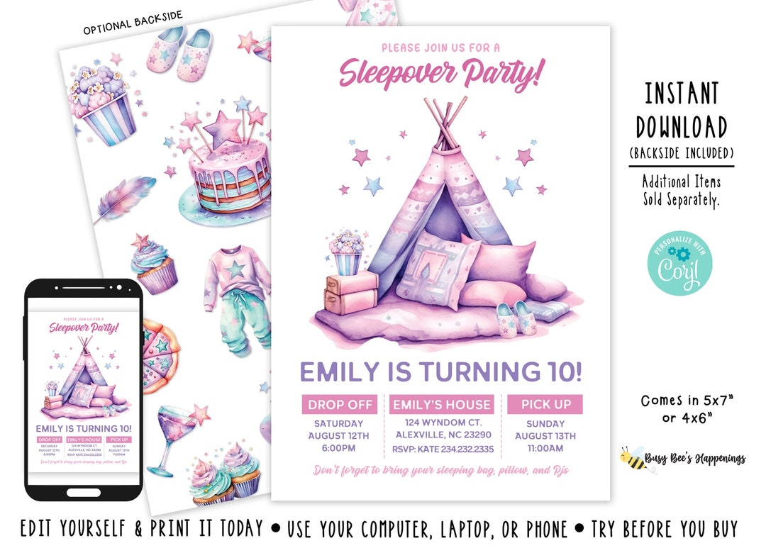 Sleepover Birthday Invitation Sleepover Birthday Party Invitation ...