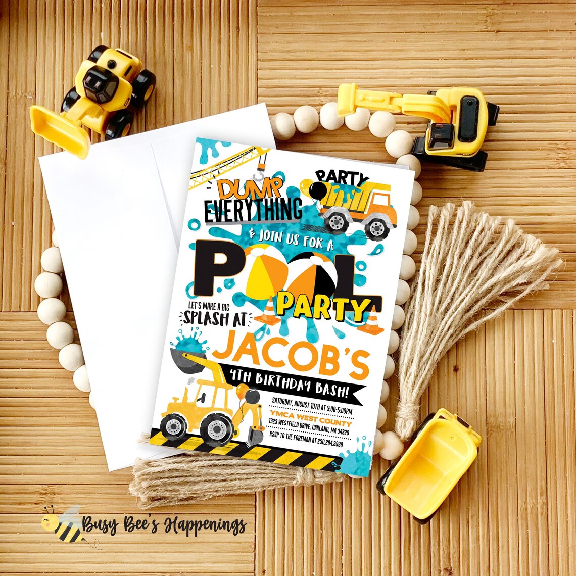 Construction Pool Party Invitation: Backhoe, Dump Truck (editable) - Etsy