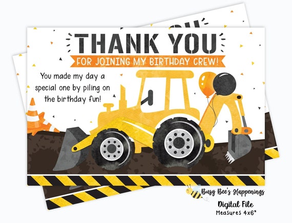 Construction Thank You Note Construction Birthday Thank You - Etsy