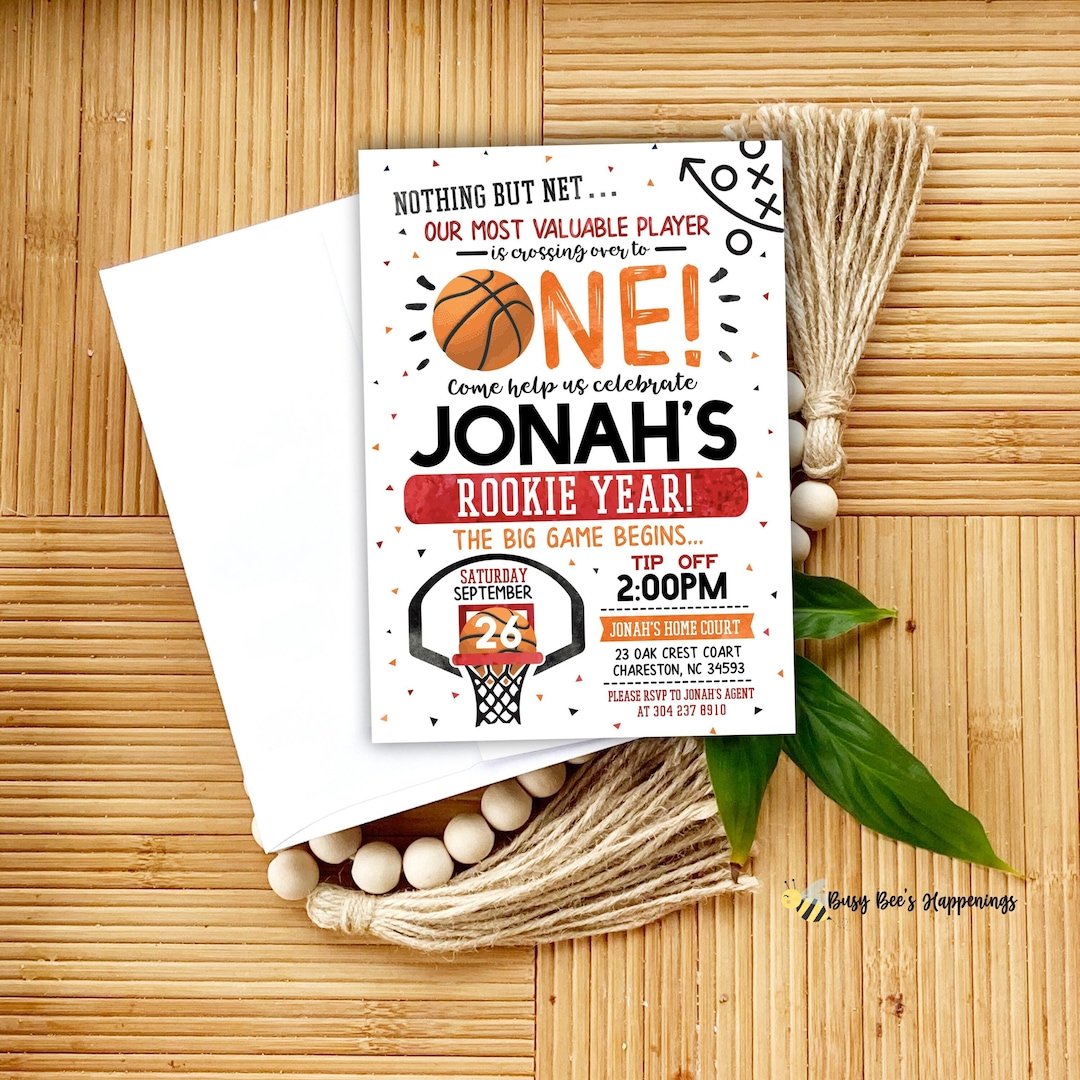 Basketball First Birthday Invitation Watercolor, Basketball Rookie ...