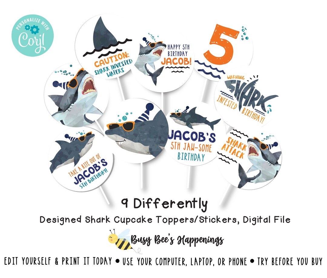 Shark Birthday Cupcake Toppers Shark Cupcake Toppers Party Pool ...