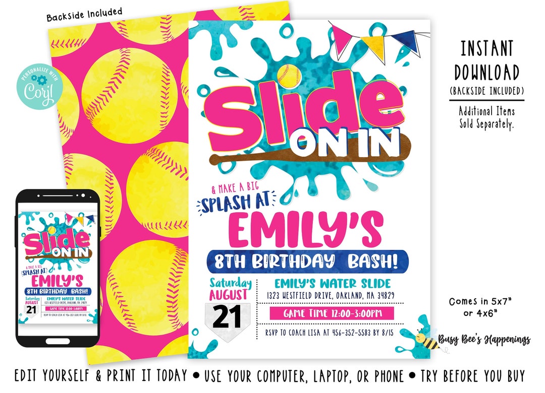 Softball Birthday Invitation Softball Invitation Softball Water Slide ...