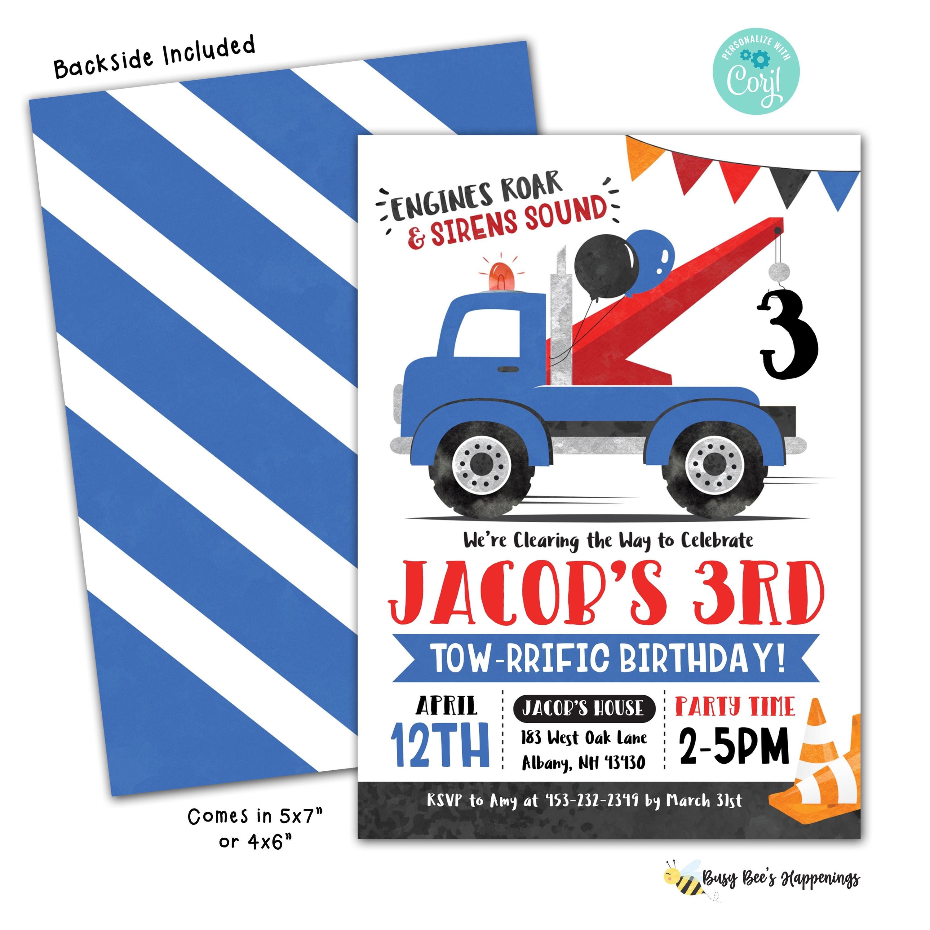 Tow Truck Birthday Invitation: Printable Boys Party (5x7 or 4x6 ...