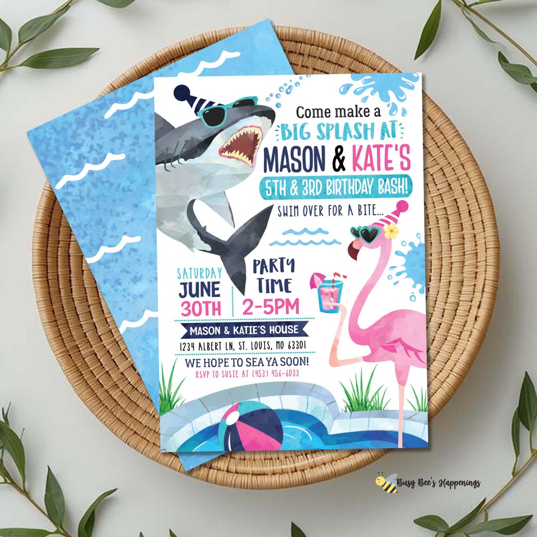 Shark Flamingo Joint Birthday Invitation, Tropical Pool Party Invite ...