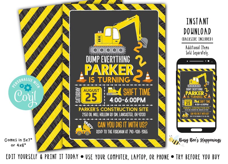 Excavator Birthday Invitation Bull Dozer Invitation - Etsy
