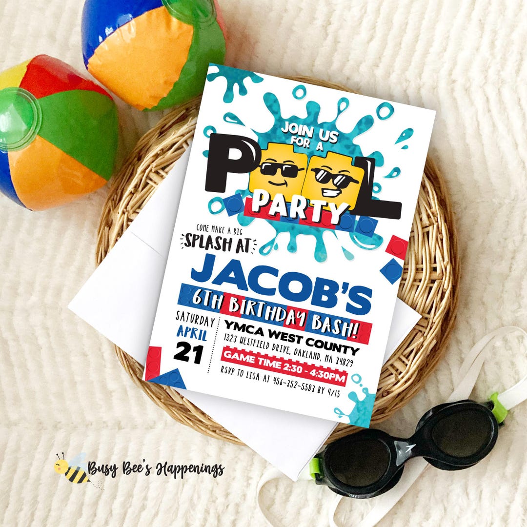 Building Blocks Pool Birthday Invitation, Editable Pool Birthday Invite ...