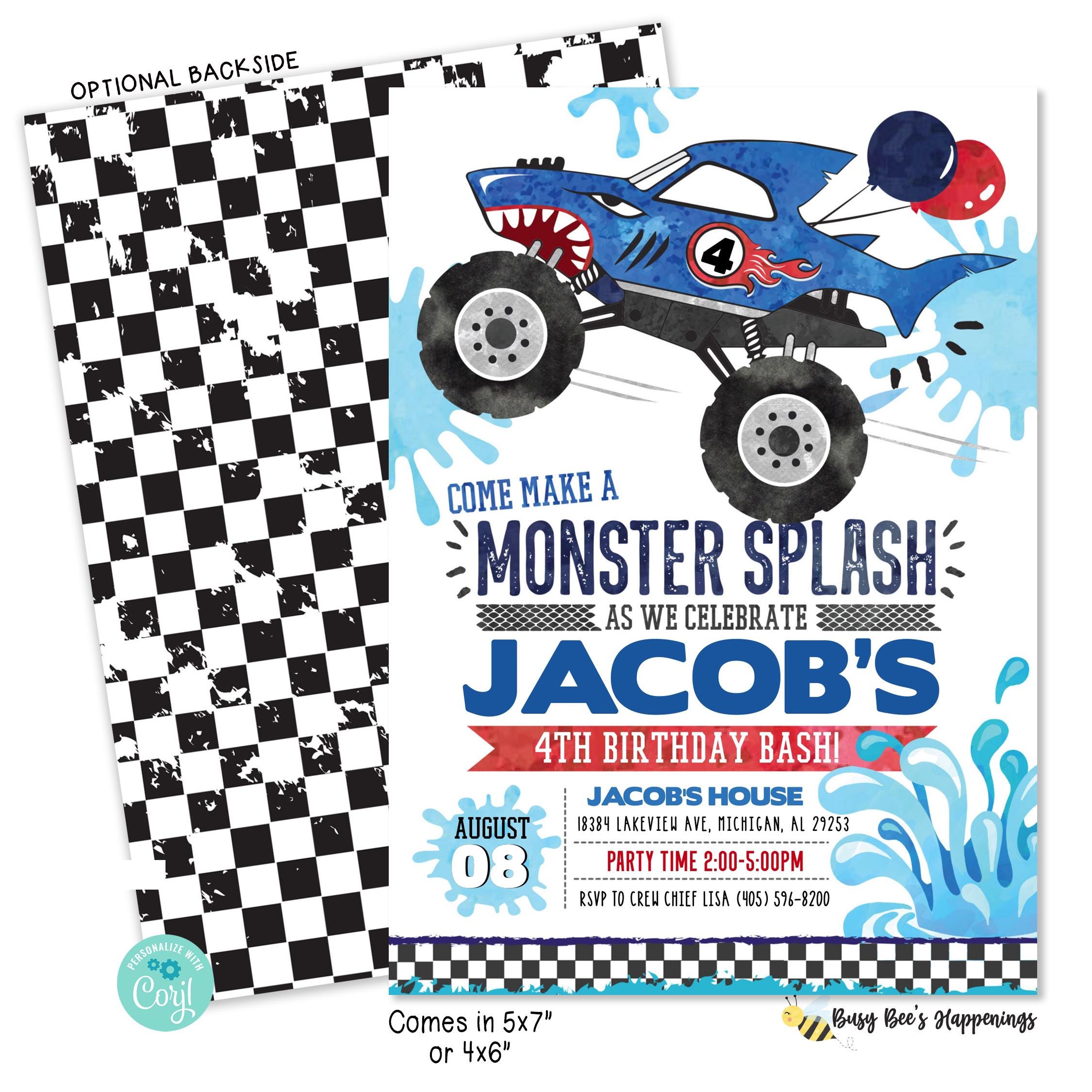 Shark Monster Truck Birthday Invitation: Pool Party Splash (digital ...