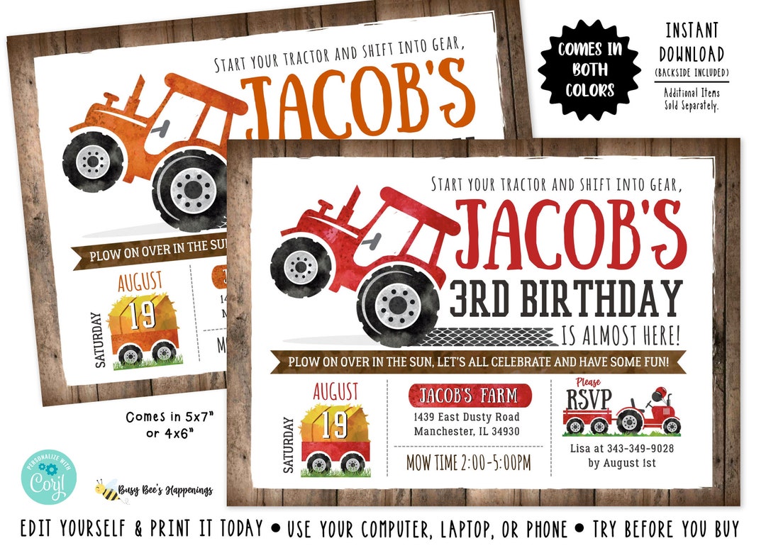 Tractor Birthday Invitation Red Tractor Invite Orange Tractor Tractor ...