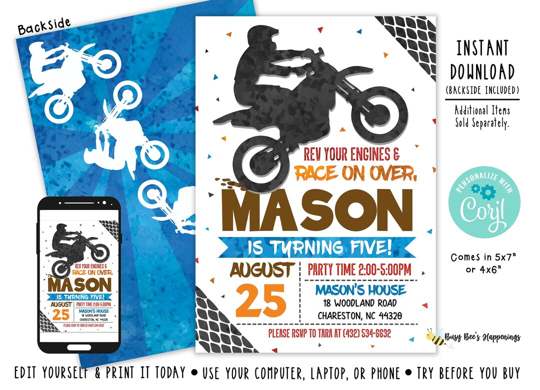 Motorcycle Birthday Invitation Mud Bike Birthday Invitation Racing ...