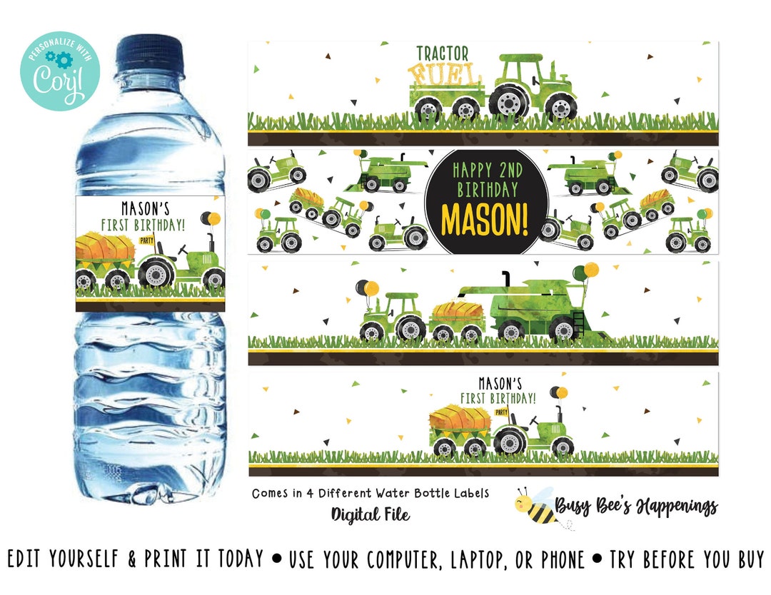 Editable Green Tractor Birthday Water Bottle Labels, Tractor Water ...