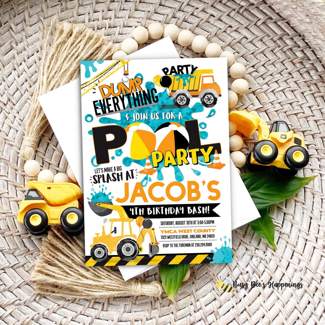 Construction Pool Party Invitation: Backhoe, Dump Truck (editable) - Etsy