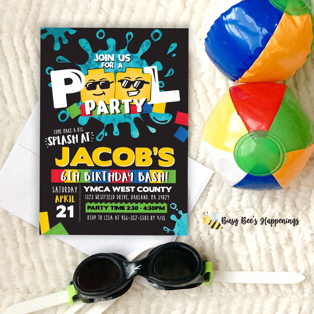 Building Blocks Pool Party Invitation: Editable Summer Birthday Invite ...