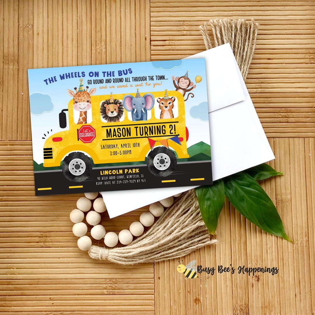 Roues modifiables sur l'invitation d'anniversaire de bus, invitation de ...