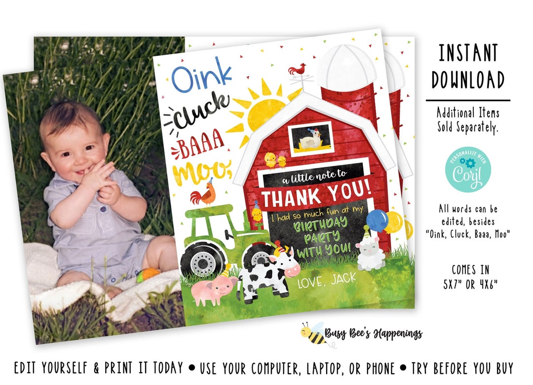 Farm Thank You Note Farm Birthday Thank You Note Farm Template - Etsy