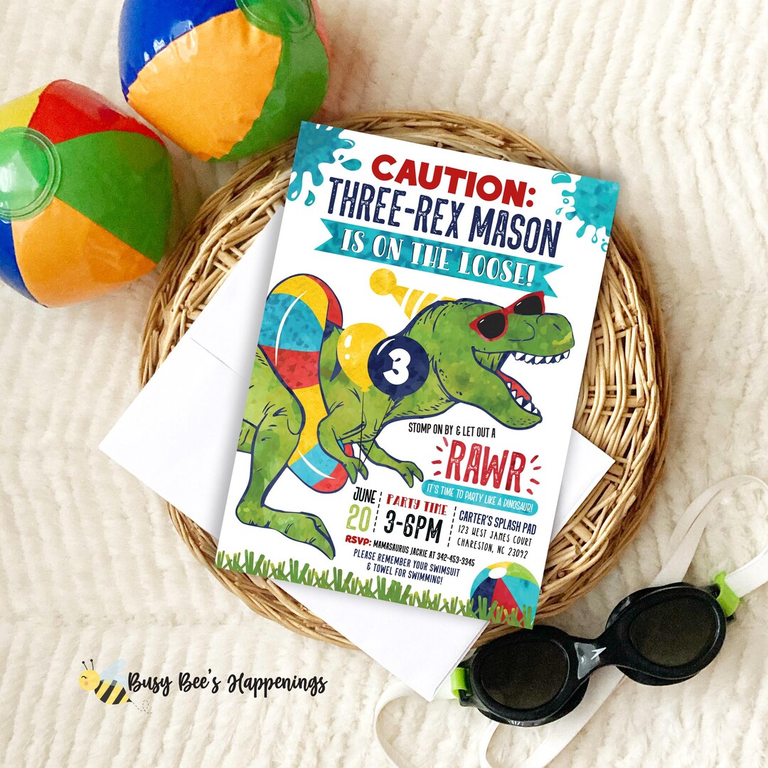 Three-rex Pool Birthday Invitation, Editable Dinosaur Birthday ...